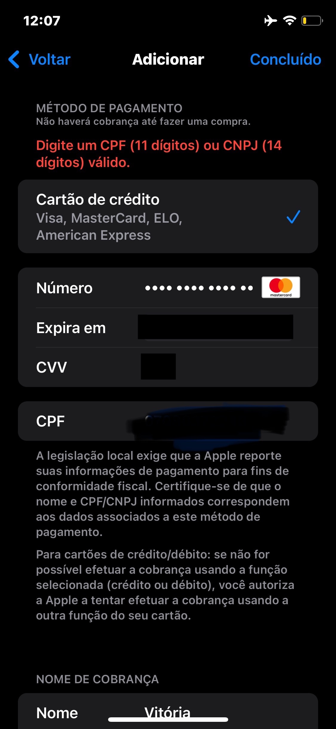 CPF inválido no método de pagamento … - Comunidade da Apple